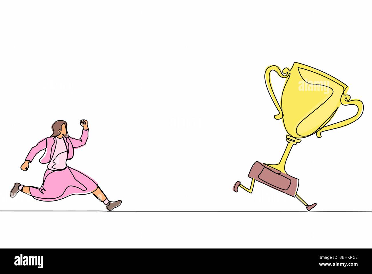 Single continuous line drawing businesswoman trying to catch trophy ...