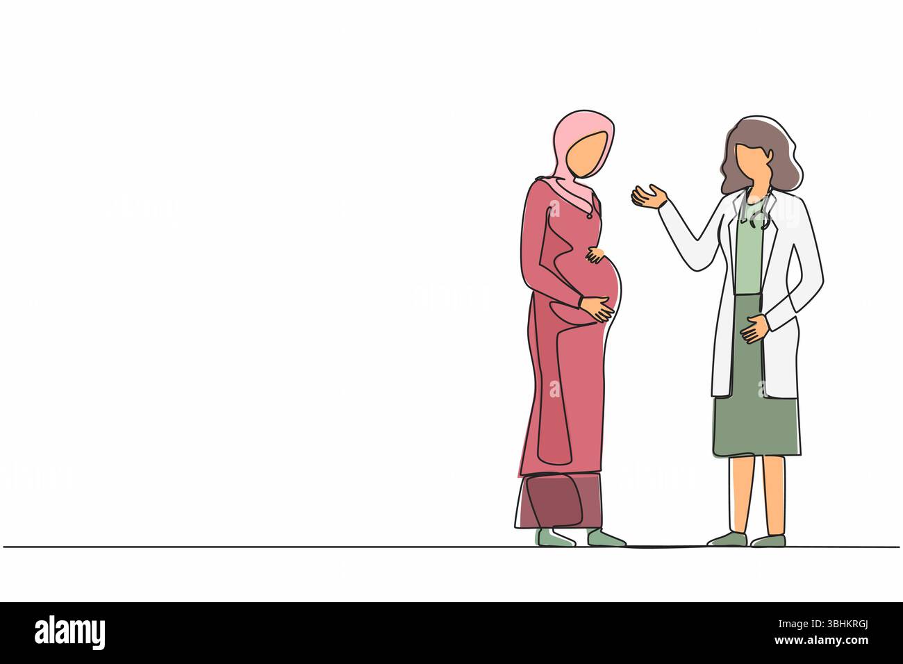 Continuous one line drawing Arab pregnant woman at doctor's appointment ...