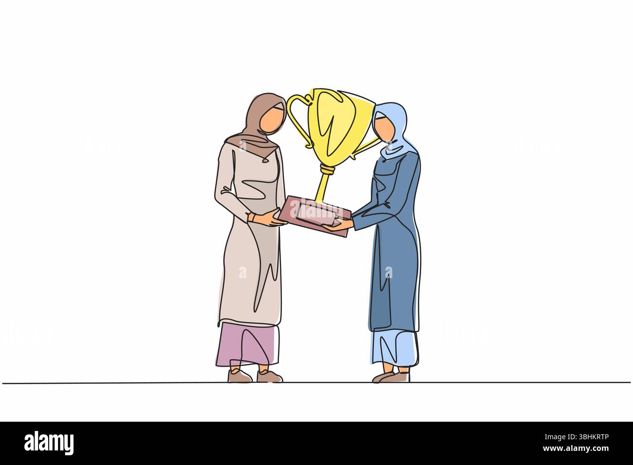 Continuous one line drawing Arabian businesswoman winner getting first ...