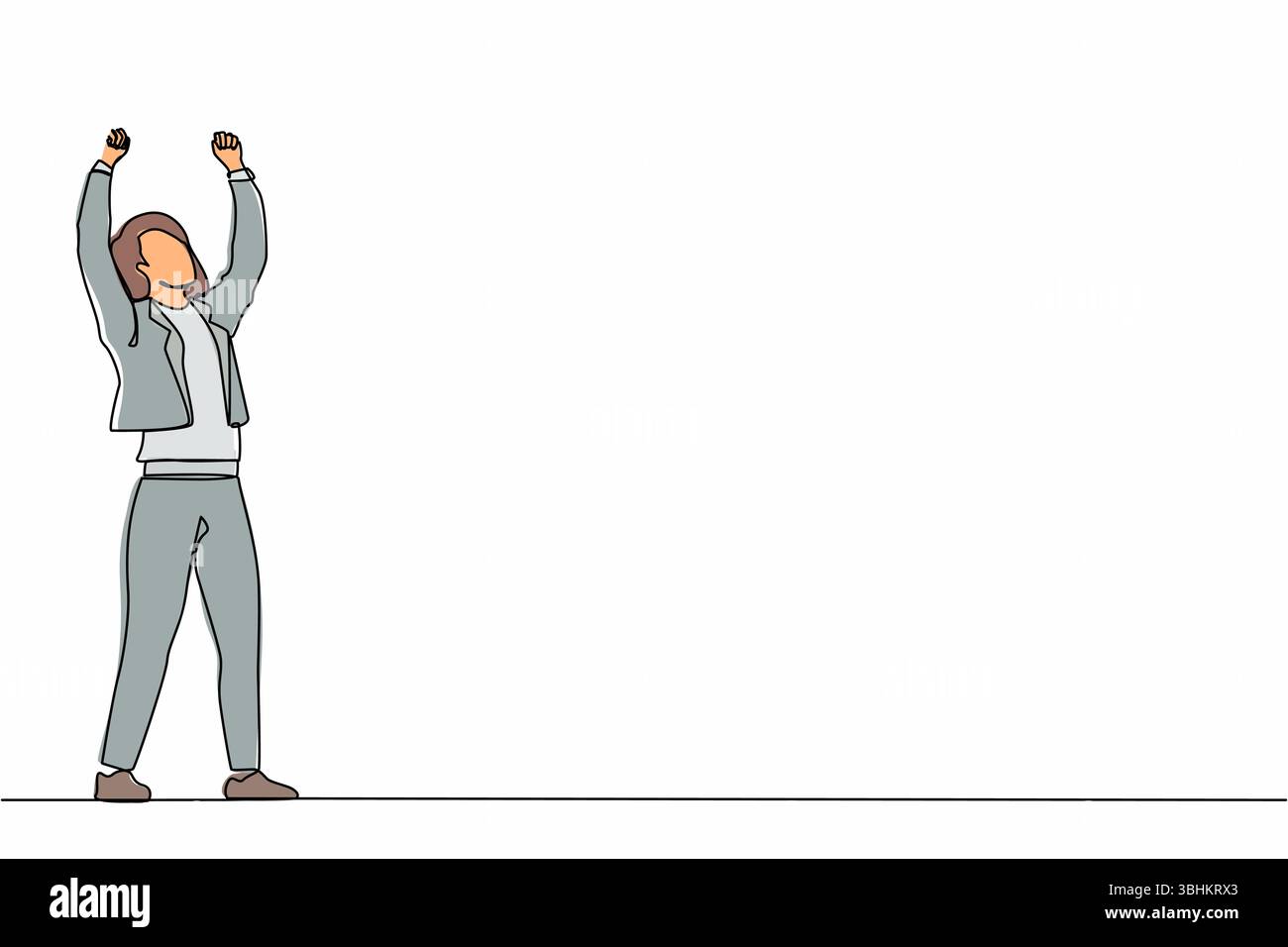 Single continuous line drawing businesswoman standing and raising hands ...