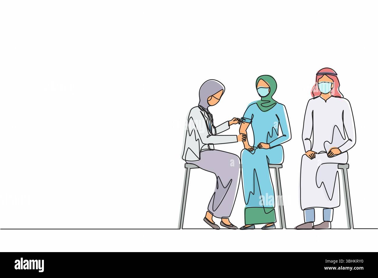 Continuous one line drawing female doctor wearing mask at clinic giving ...