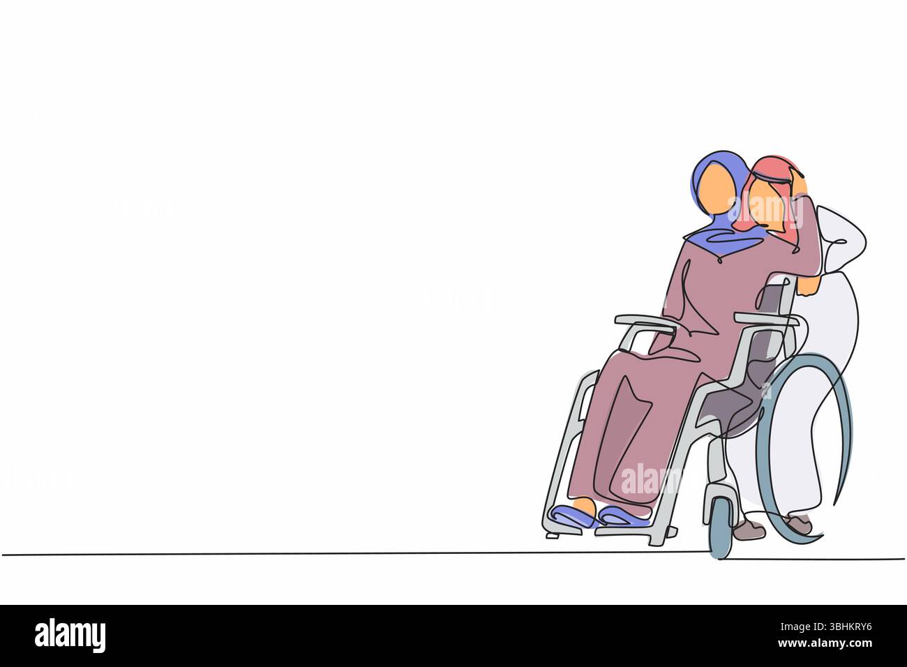 Continuous one line drawing Arabic woman sitting in wheelchair while ...