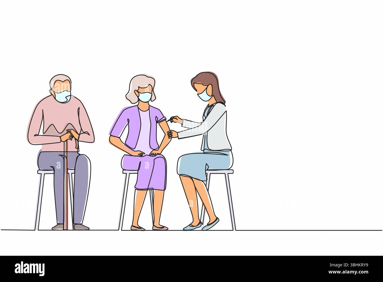 Single continuous line drawing vaccination of the elderly. Vector ...