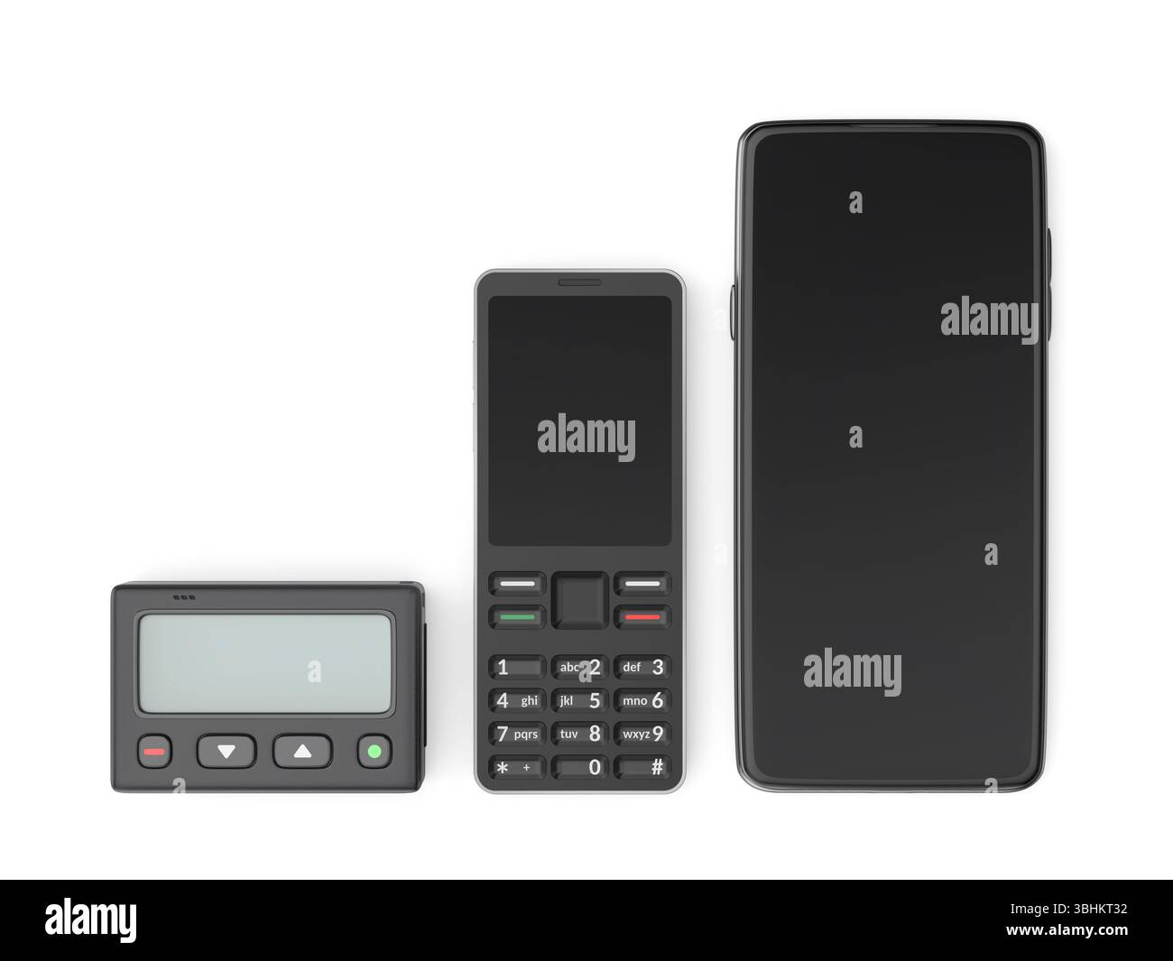 Top view of a pager, feature phone, and smartphone on a white ...