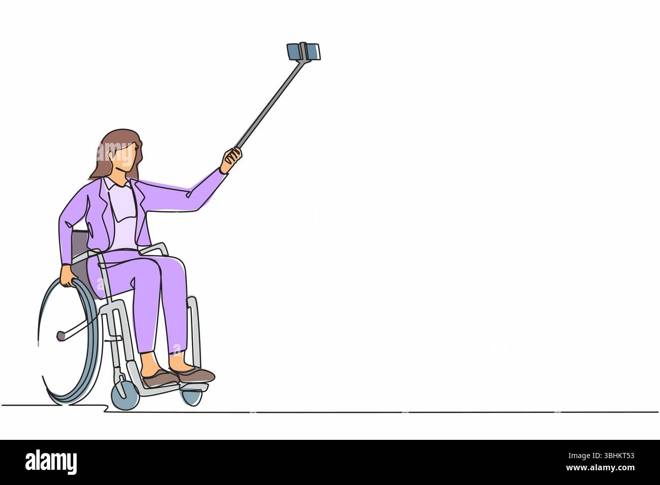 Single continuous line drawing businesswoman in wheelchair taking ...