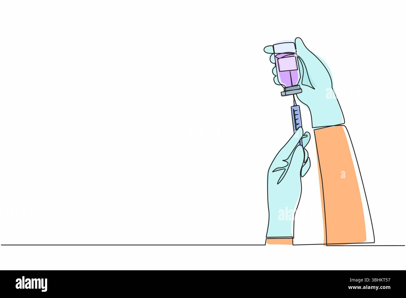 Single continuous line drawing coronavirus vaccine. Hands of doctor ...