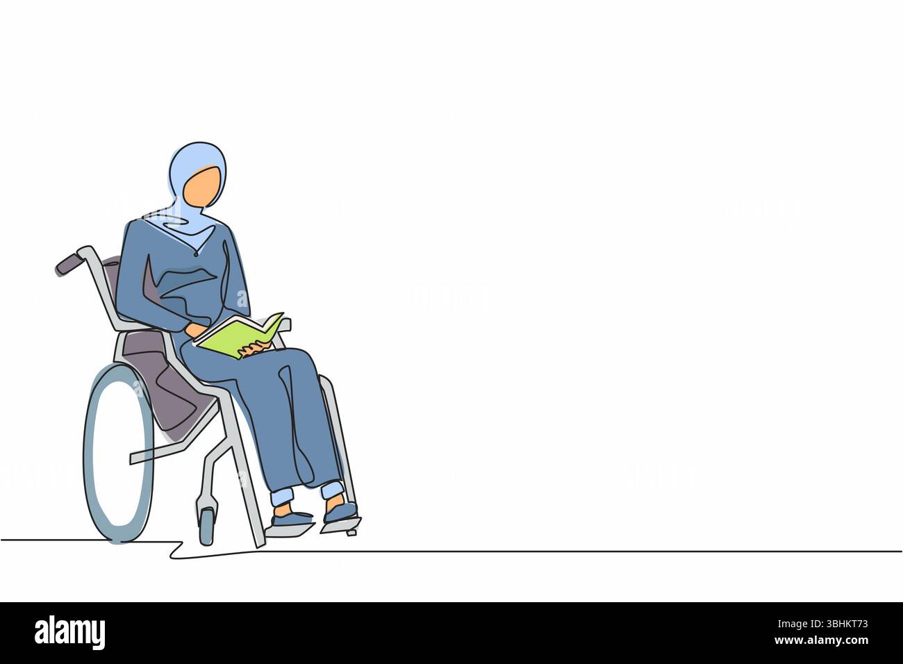 Continuous one line drawing young positive student disabled reads book ...