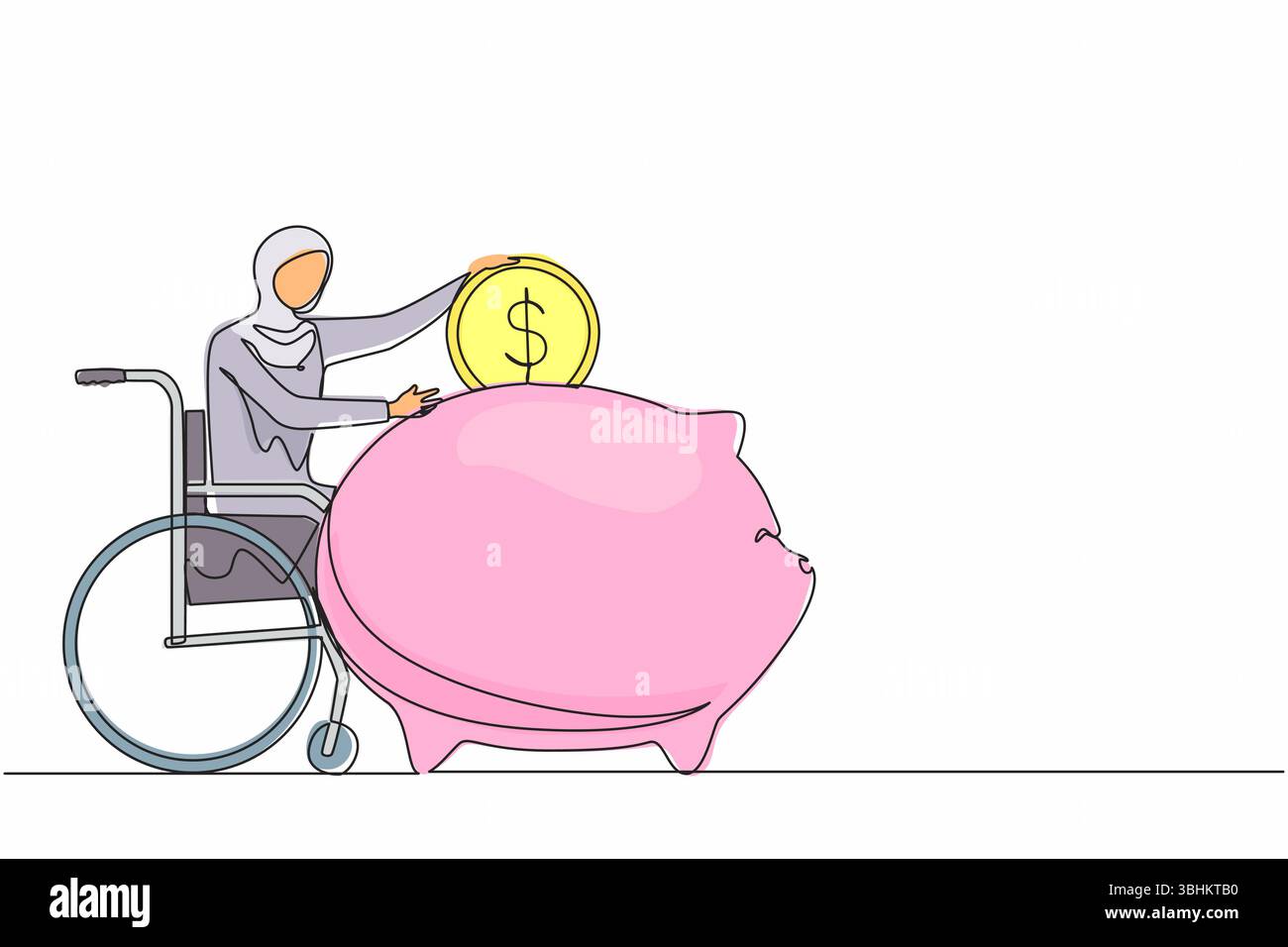 Single one line drawing happy disabled Arabic woman saving money ...