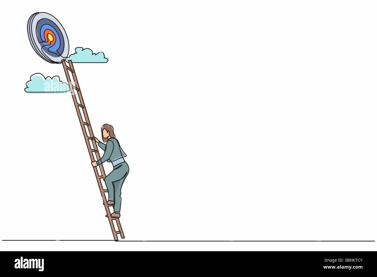 Continuous one line drawing stairs to goal. Cute businesswoman in ...