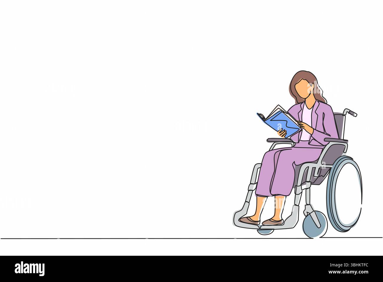 Single one line drawing positive student disabled reads book while ...