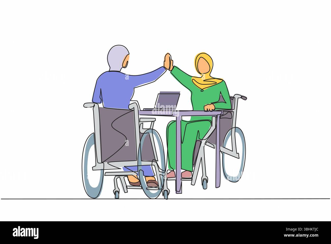 Continuous one line drawing two disabled Arabian women give high five ...