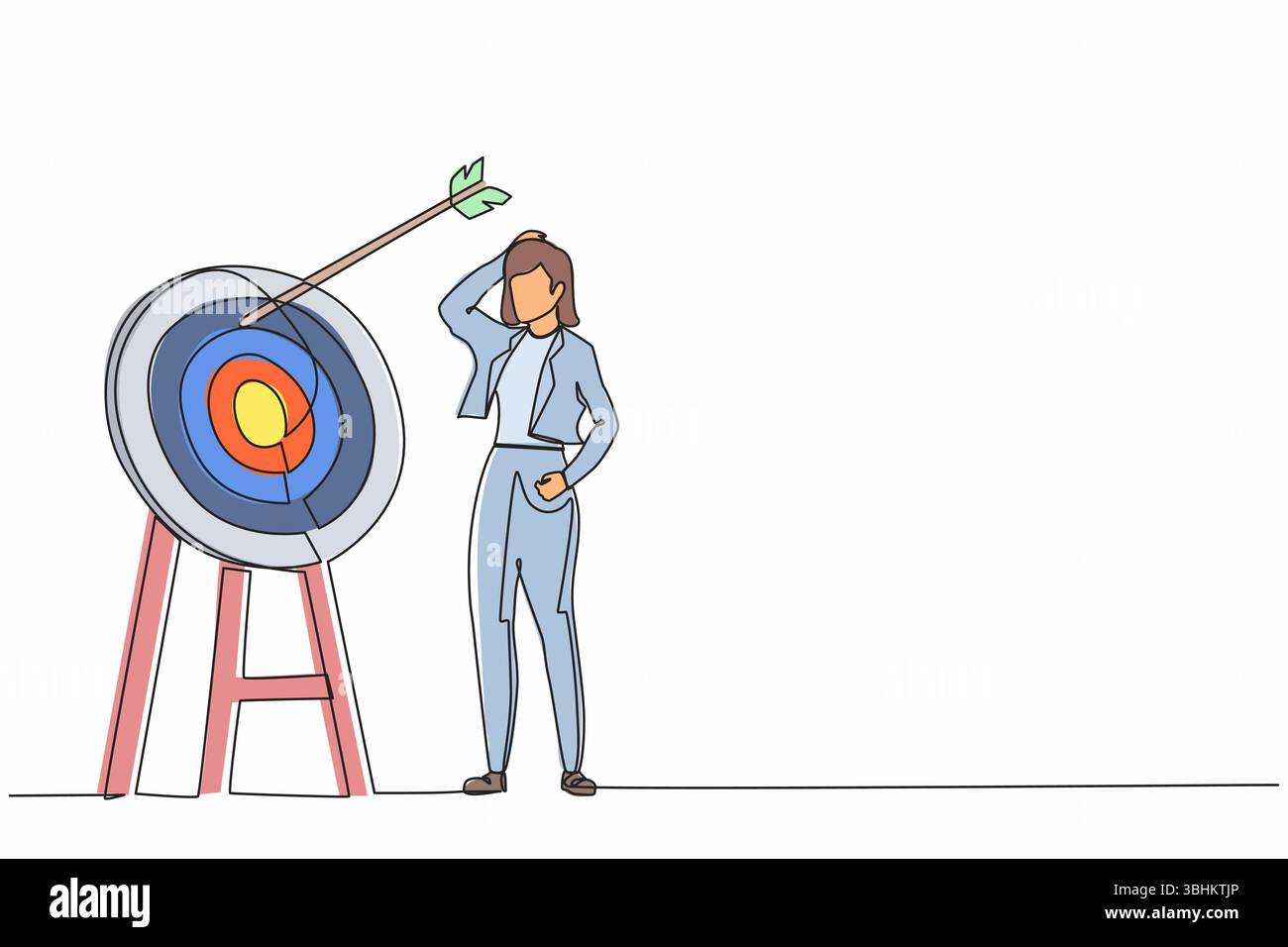 Continuous one line drawing young ambition businesswoman arrow missed ...