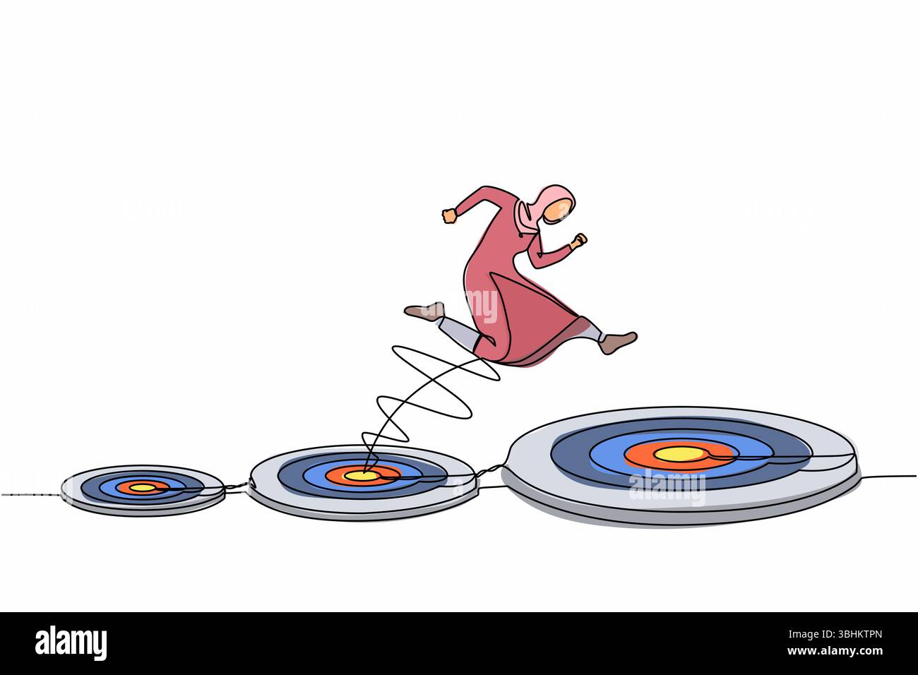 Single continuous line drawing Arabian businesswoman jumping on bigger ...