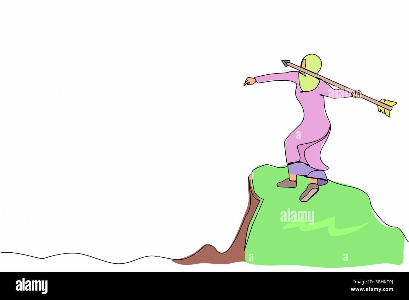 Single continuous line drawing determined Arabic businesswoman throwing ...