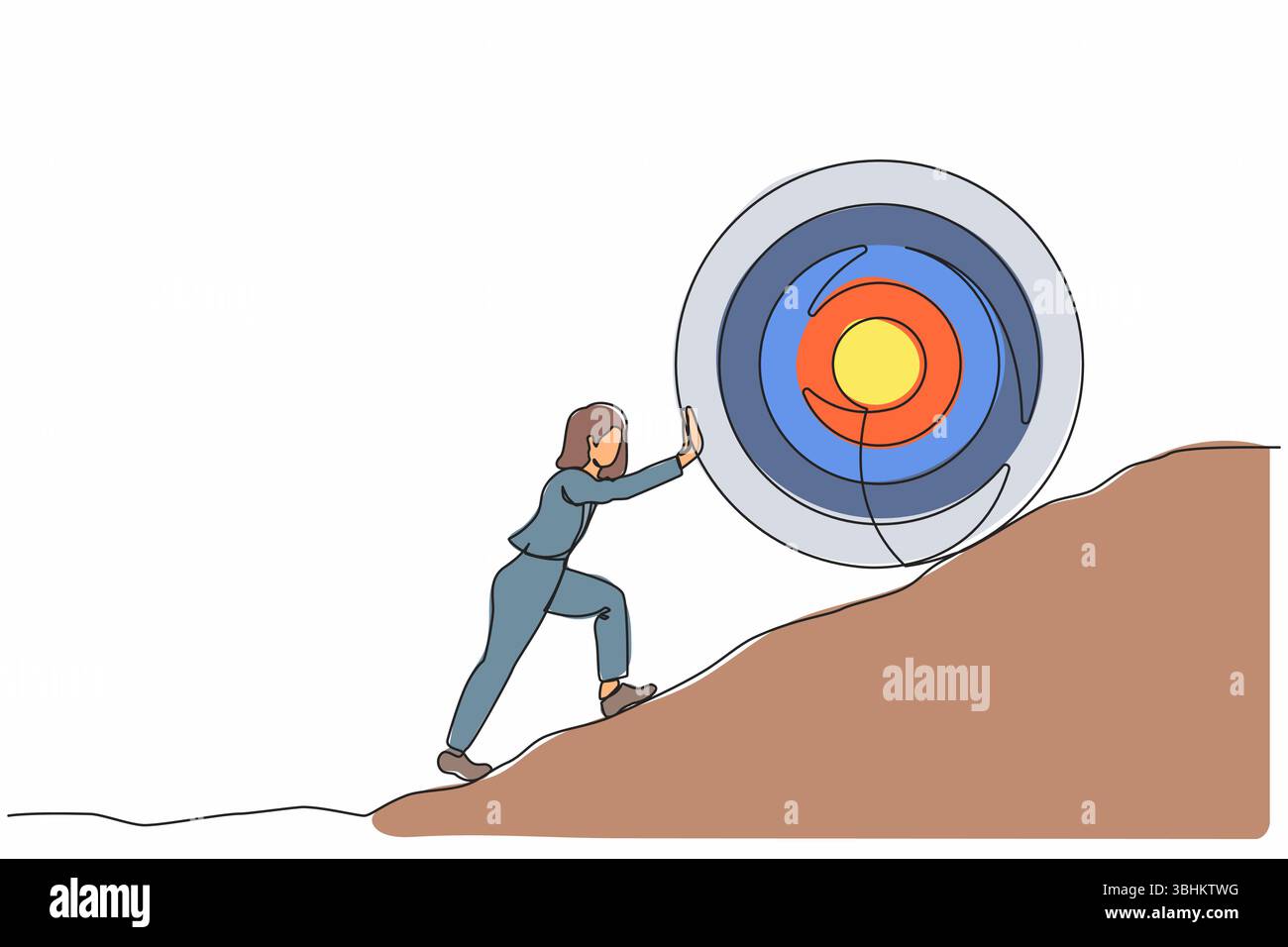 Single one line drawing businesswoman push up big target to mountain ...