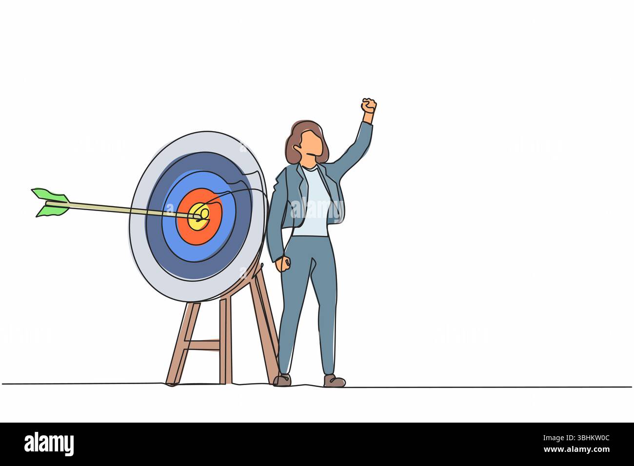 Single continuous line drawing active businesswoman fist pump her arrow ...