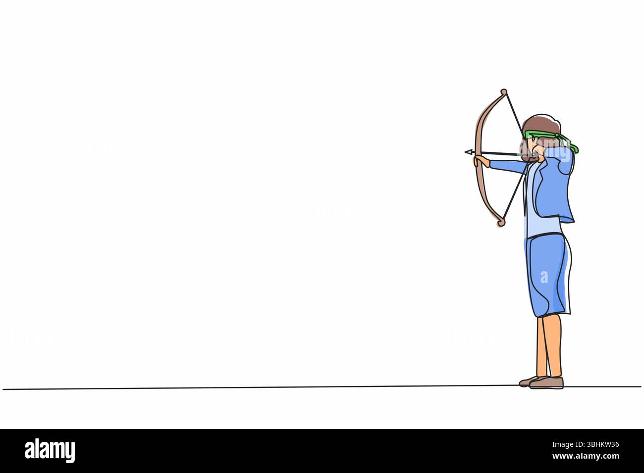 Single one line drawing blindfolded businesswoman shooting arrow ...