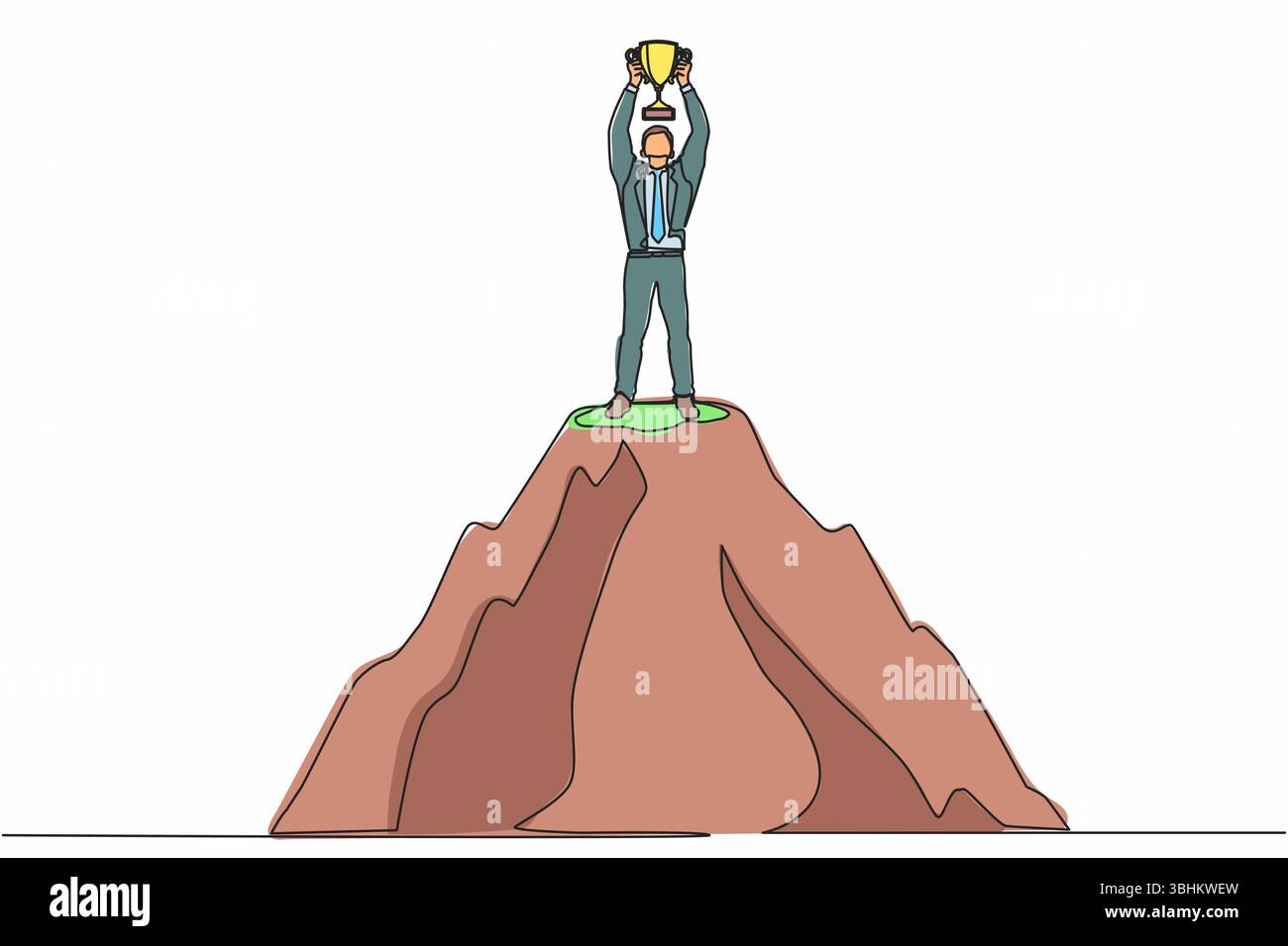 Single continuous line drawing happy businessman holding trophy on the ...