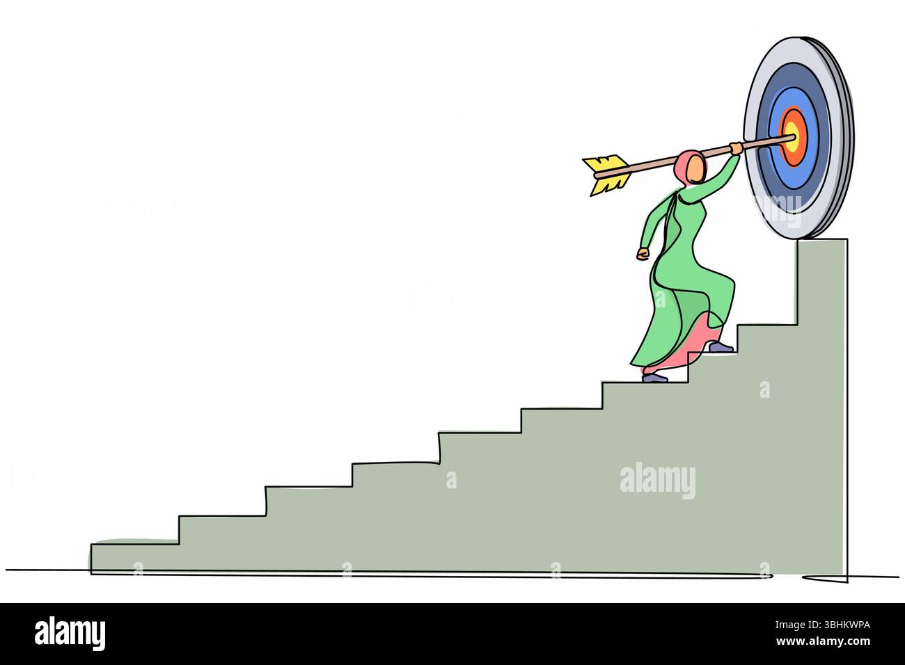 Continuous one line drawing Arabian businesswoman with arrow running ...