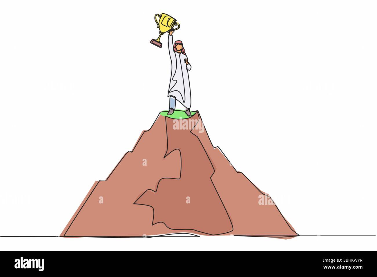 Continuous one line drawing success on top. Arabian businessman on top ...