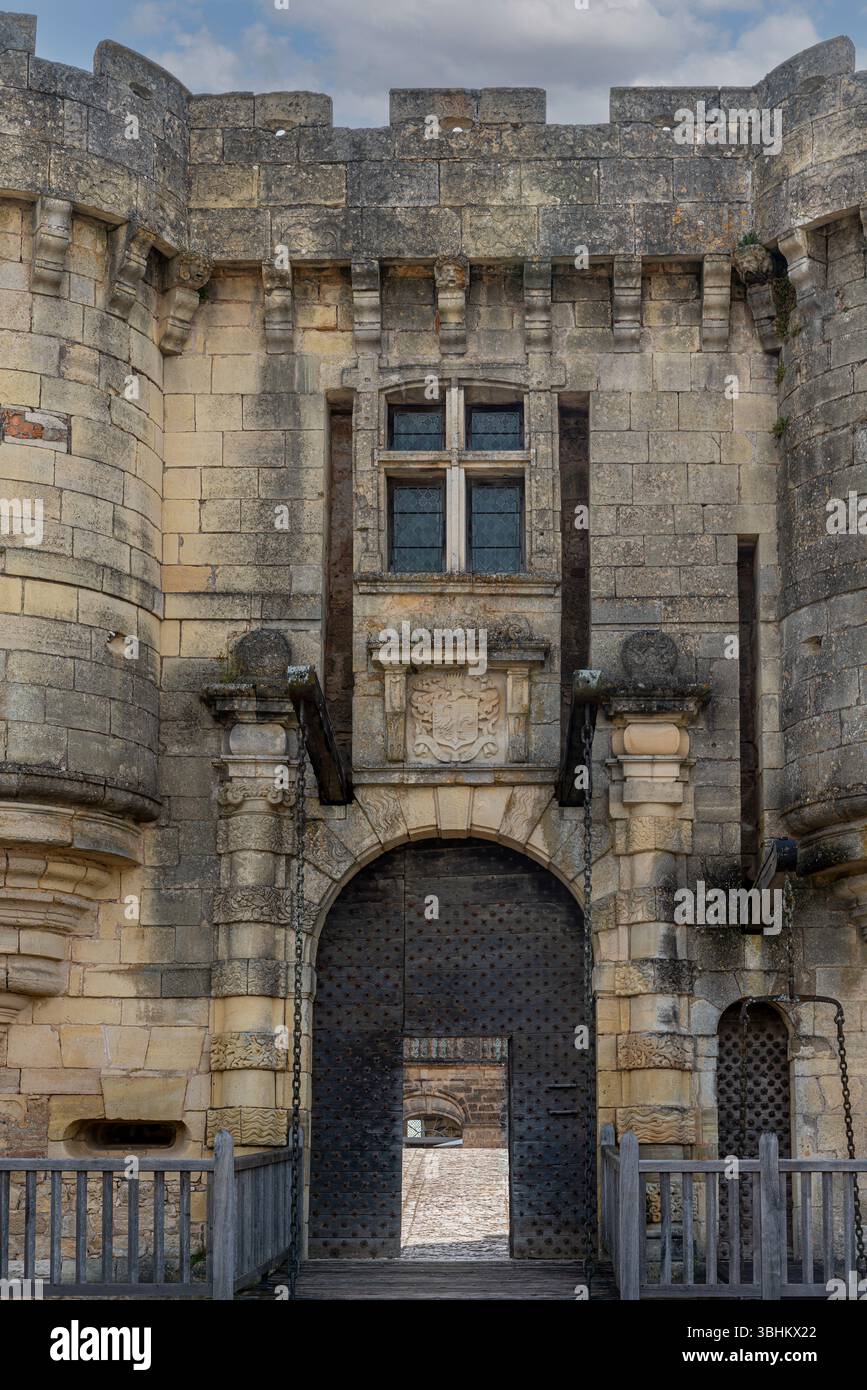 Magnificent renaissance castle entrance with ornate stone architecture ...