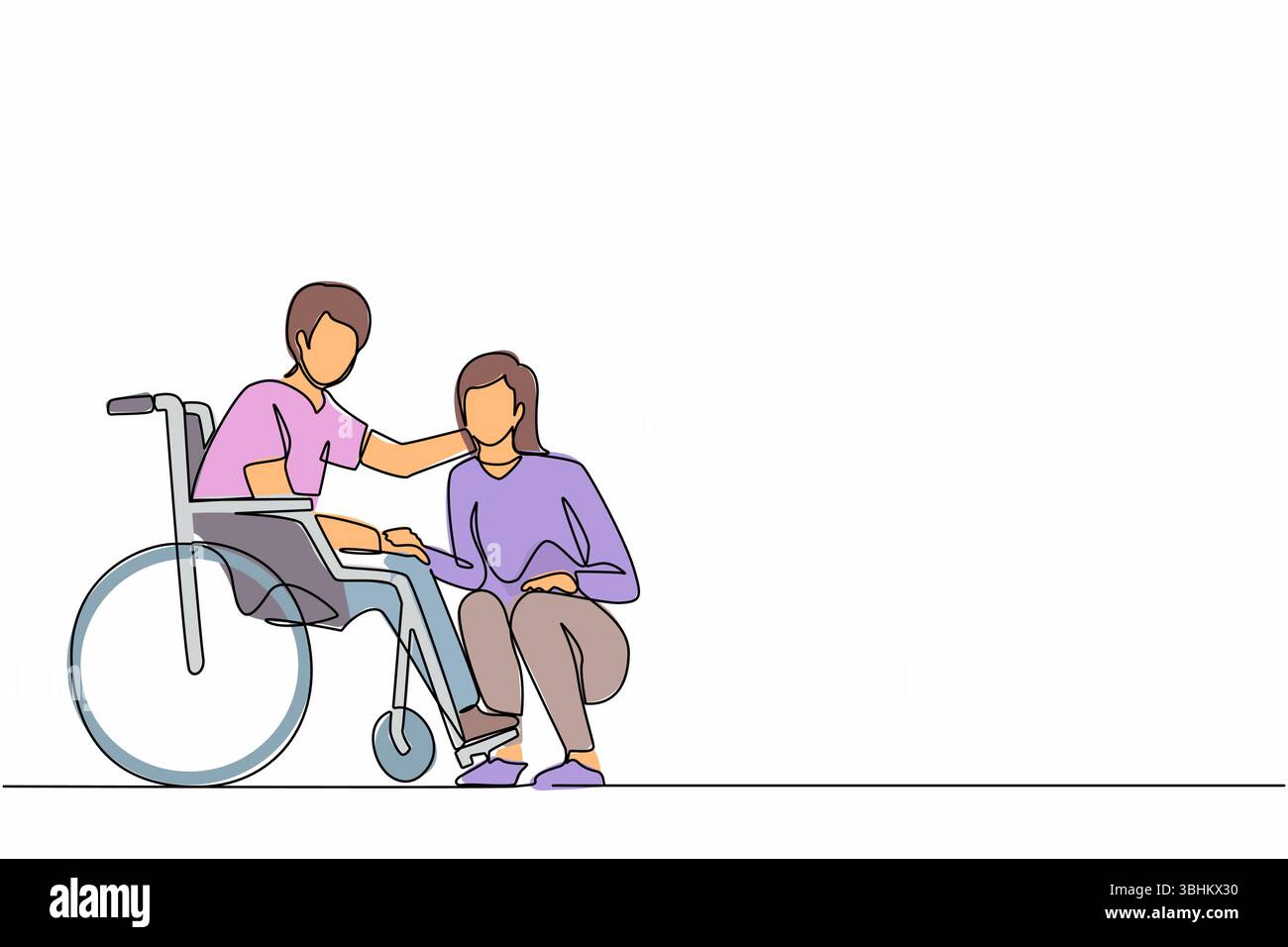 Single one line drawing young woman kneeling before man in wheelchair ...