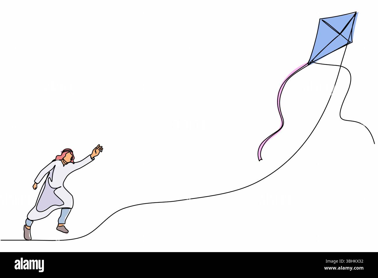 Continuous one line drawing active Arabian businessman runs with flying ...