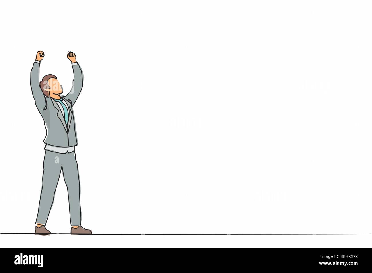 Single one line drawing young businessman standing and raising hands or ...