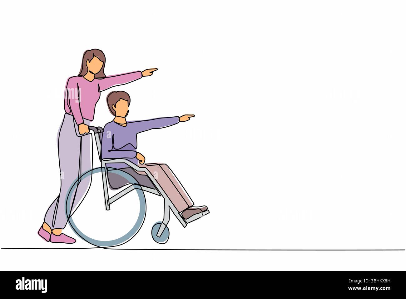 Single one line drawing couple of happy people while pointing in one ...