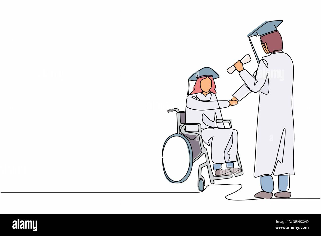 Single one line drawing disabled Arabian man student receiving ...