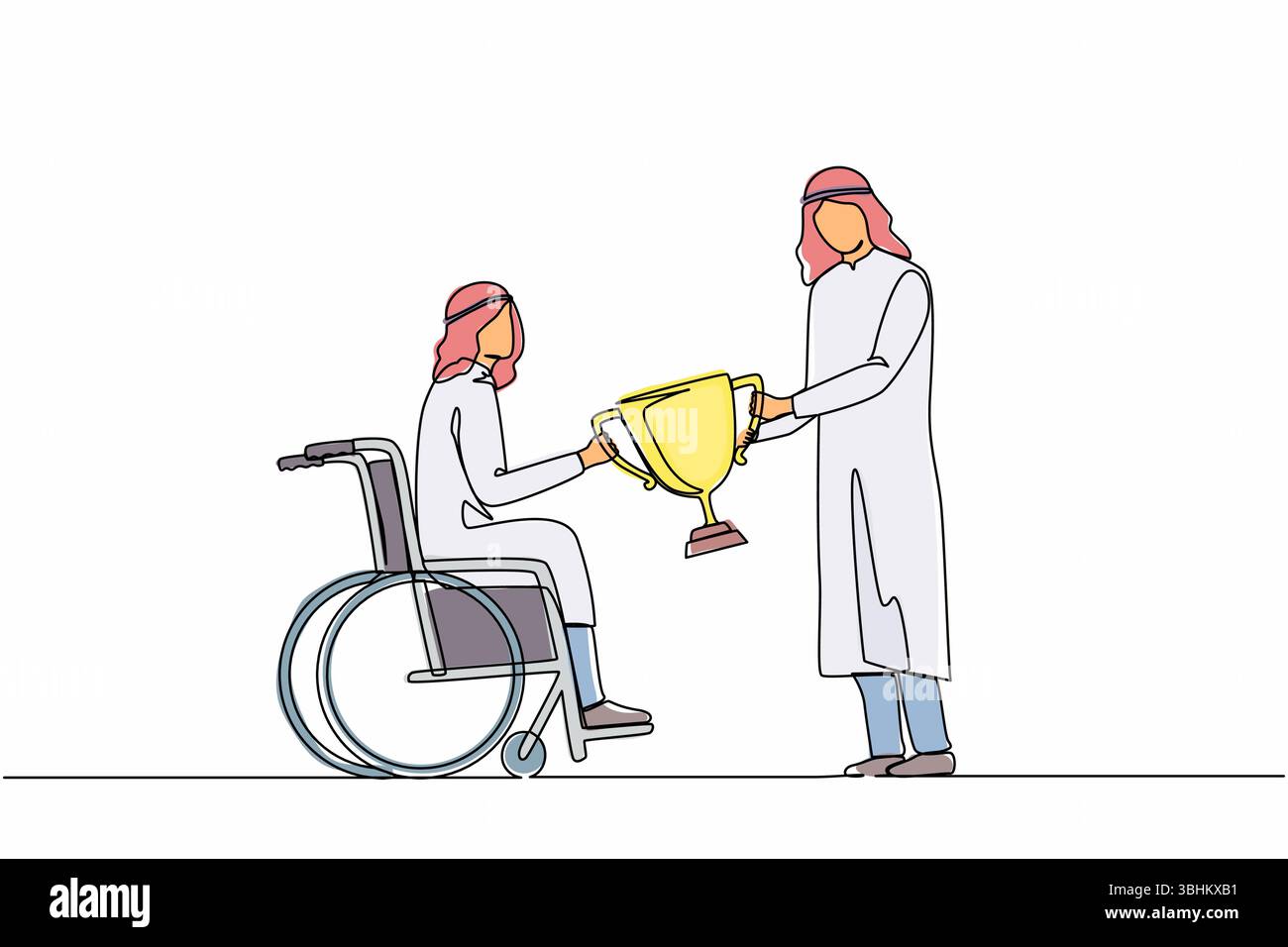Continuous one line drawing disabled Arab man on wheelchair accept ...