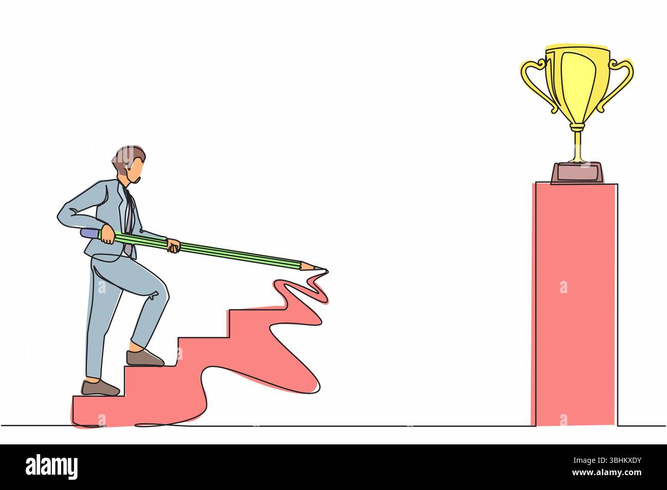 Continuous one line drawing businessman use huge pencil to draw rising ...