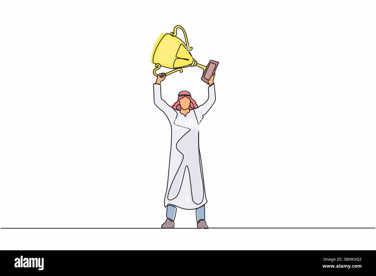 Single one line drawing Arabic businessman standing and lifting trophy ...