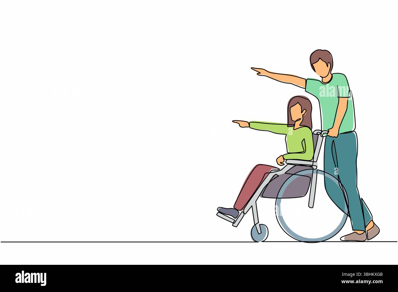 Single continuous line drawing happy wife have fun outdoor, pointing at ...