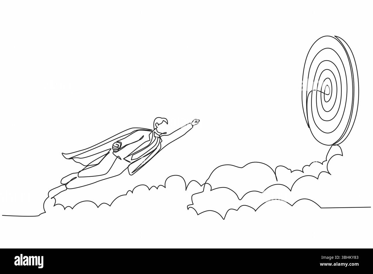 Continuous one line drawing superhero businessman in cloak flying up to ...