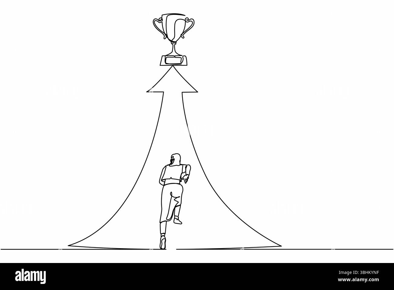 Single one line drawing reach for trophy. Businesswoman runs to target ...