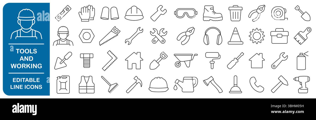 Tools and working safety editable line icons set. Repair, handyman ...