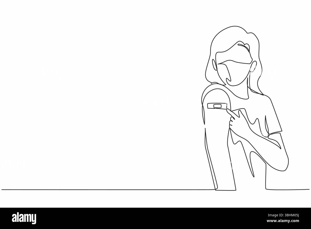Single one line drawing woman showing her arm with band aid after ...