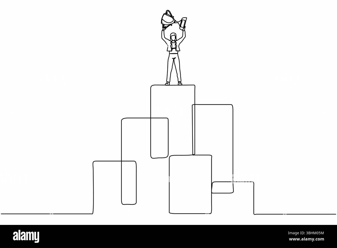 Continuous one line drawing young businesswoman standing on big graphic ...