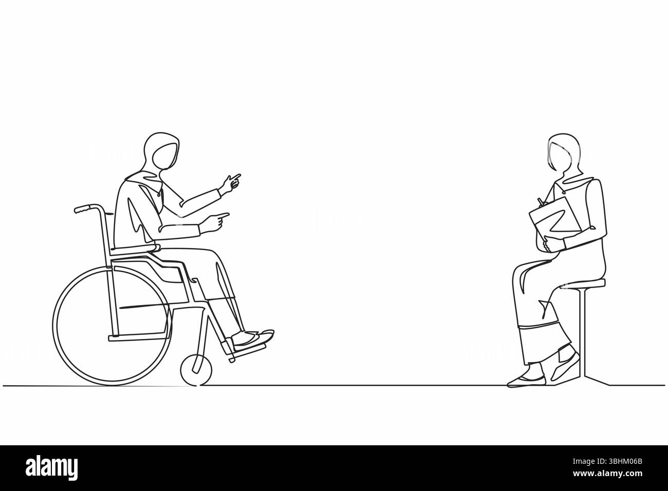 Single continuous line drawing disabled Arab woman at job interview in ...
