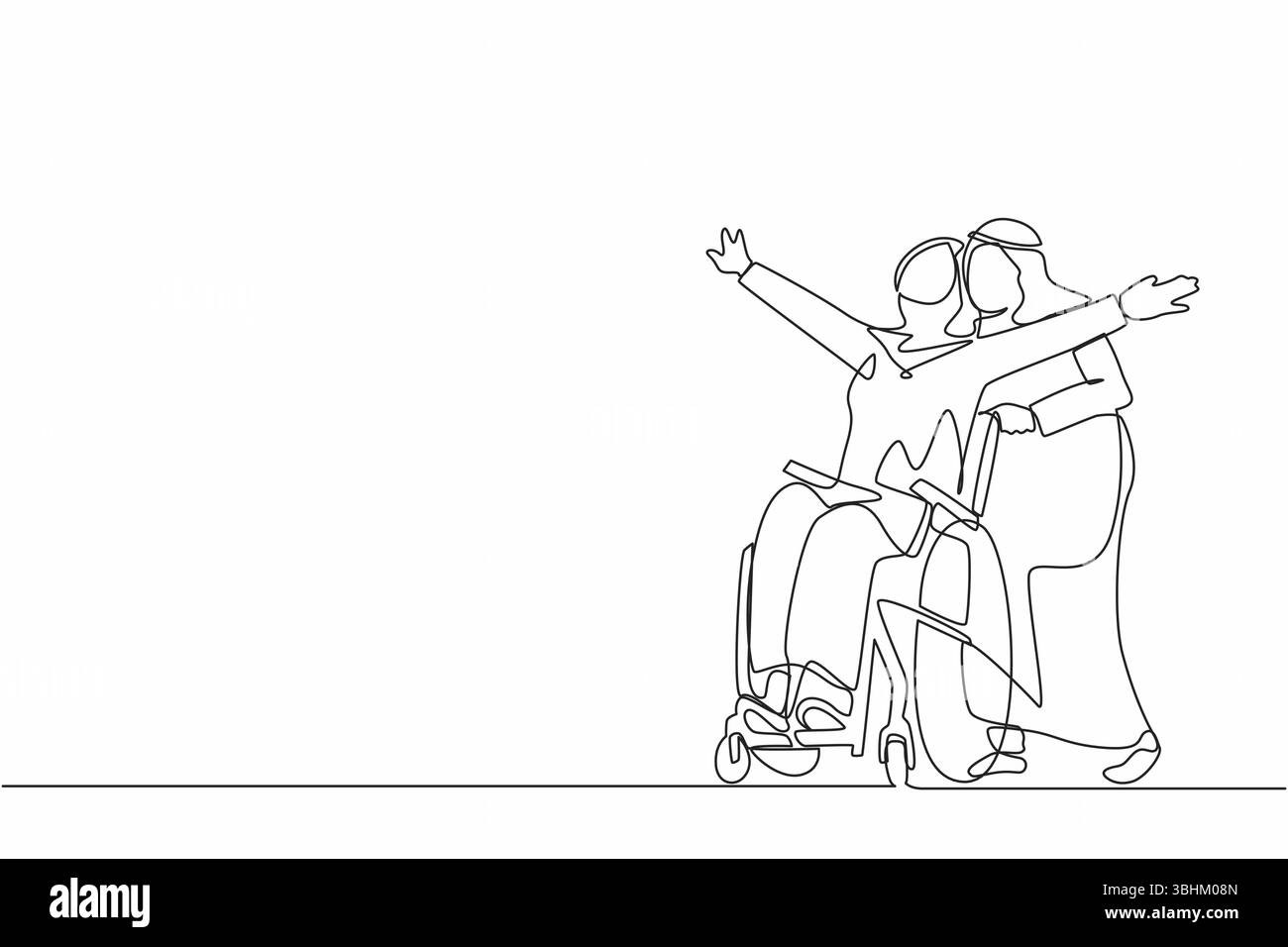 Single continuous line drawing happy disabled Arabic woman in ...