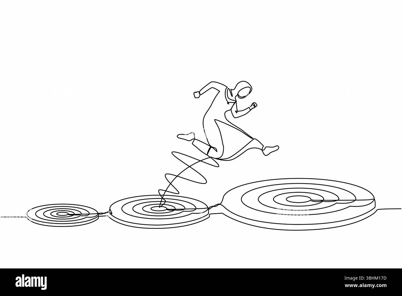 Single continuous line drawing Arabian businesswoman jumping on bigger ...