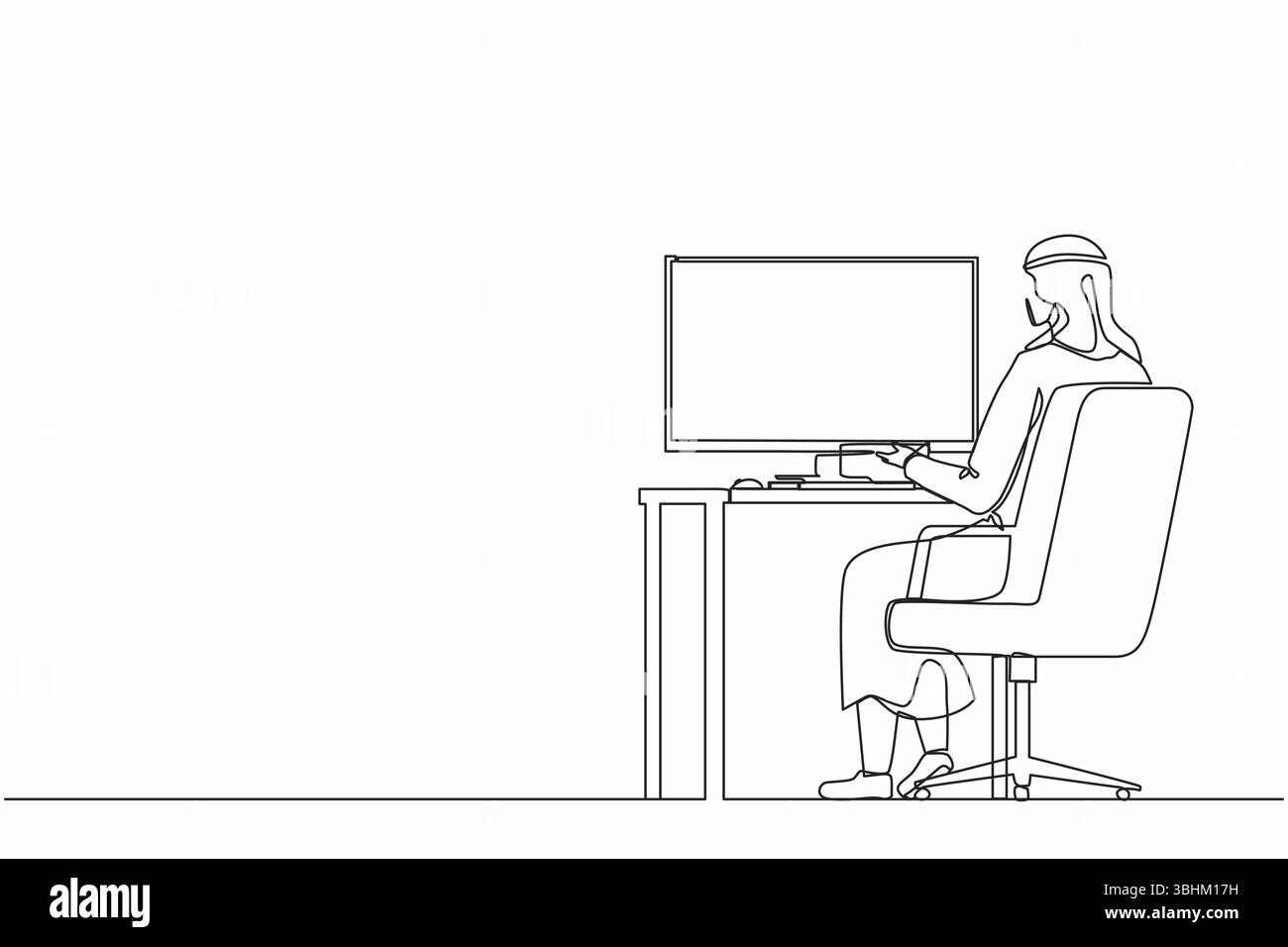 Single continuous line drawing back view Arabian businessman works on ...