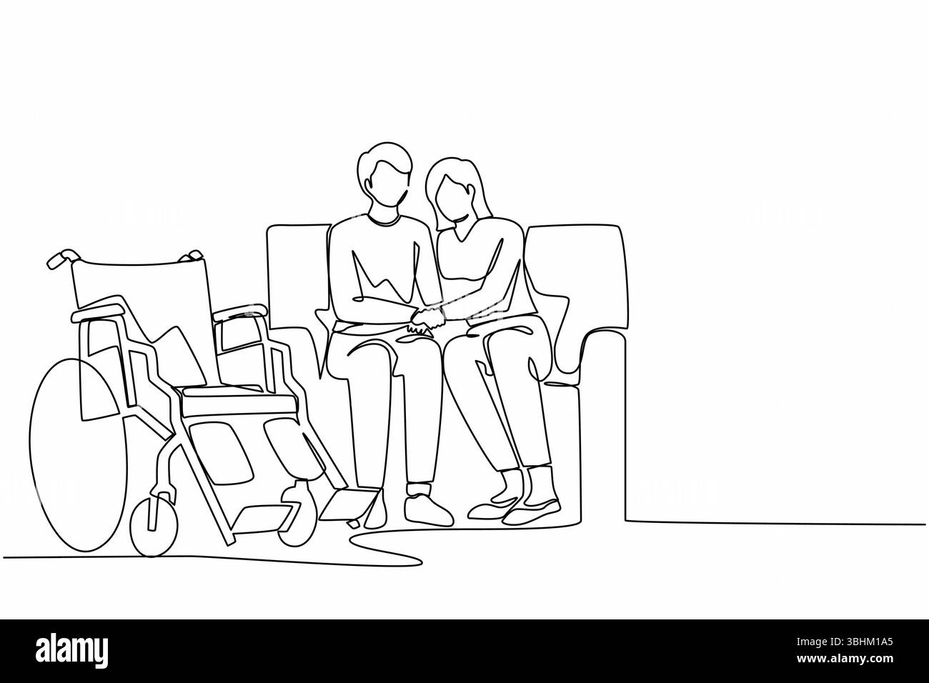 Continuous one line drawing woman comforting injured disabled husband ...