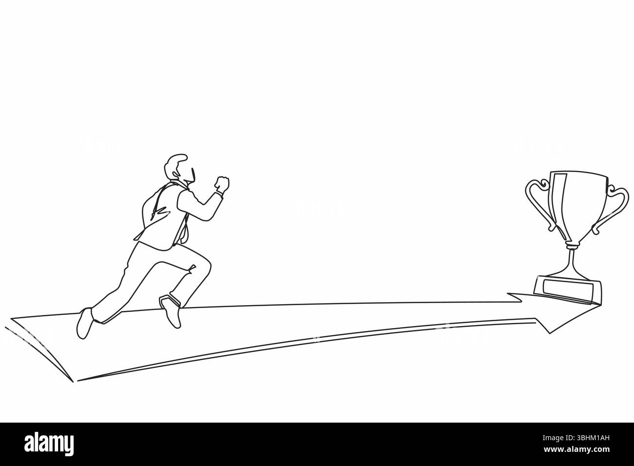 Single one line drawing businessman running to golden trophy. Concept ...