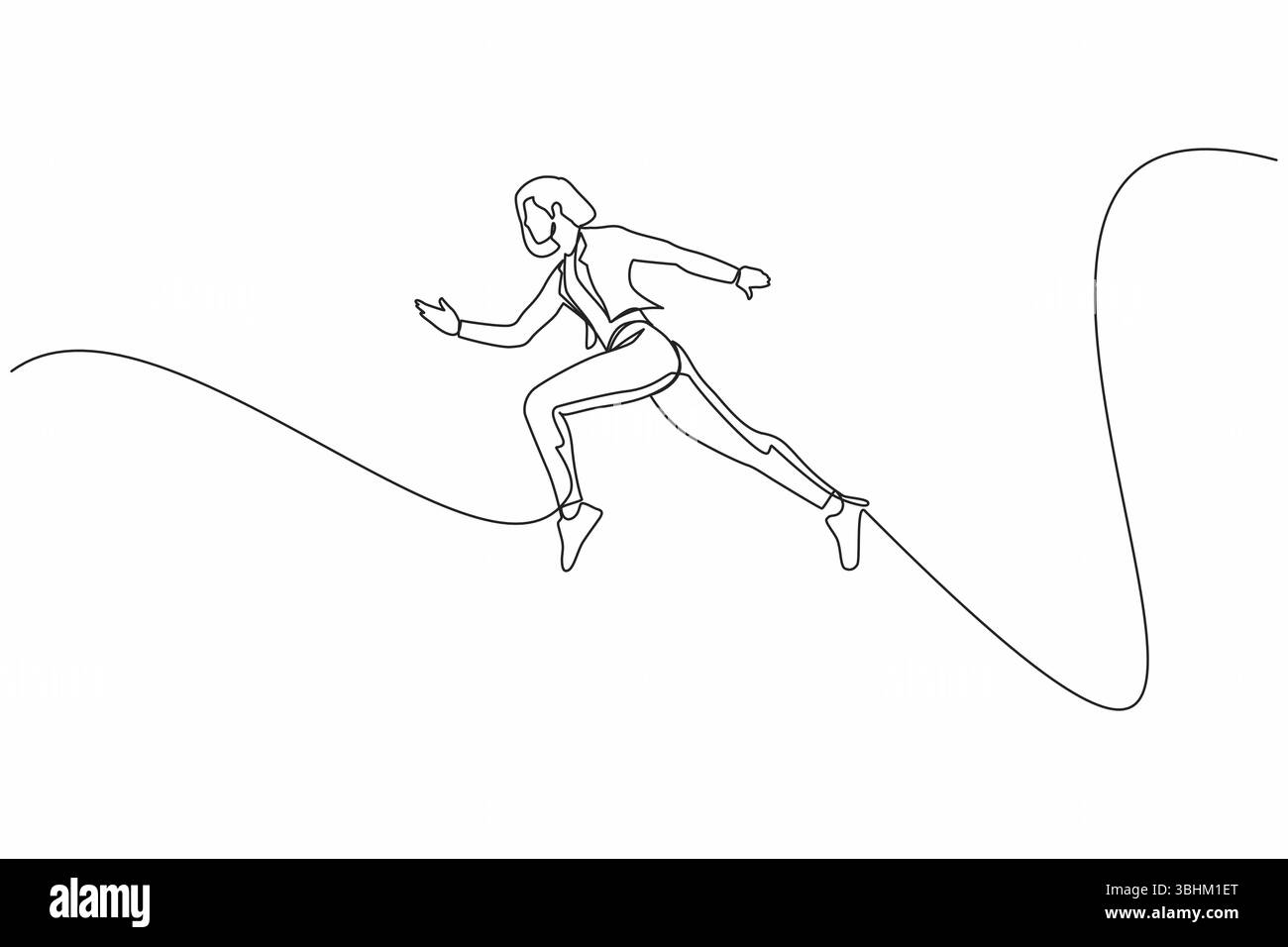 Single continuous line drawing cute businesswoman running fast. Late ...