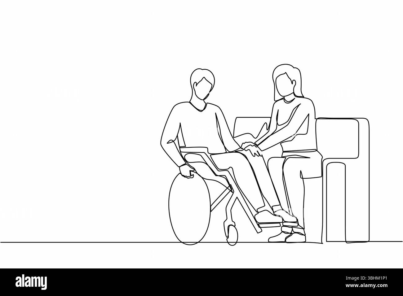 Single one line drawing couple at home with disability man in ...