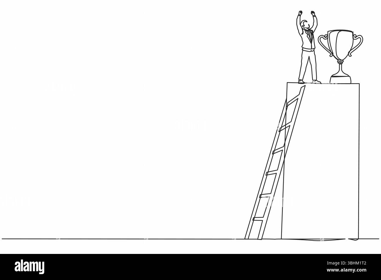 Continuous one line drawing businessman climb ladder to reach trophy ...