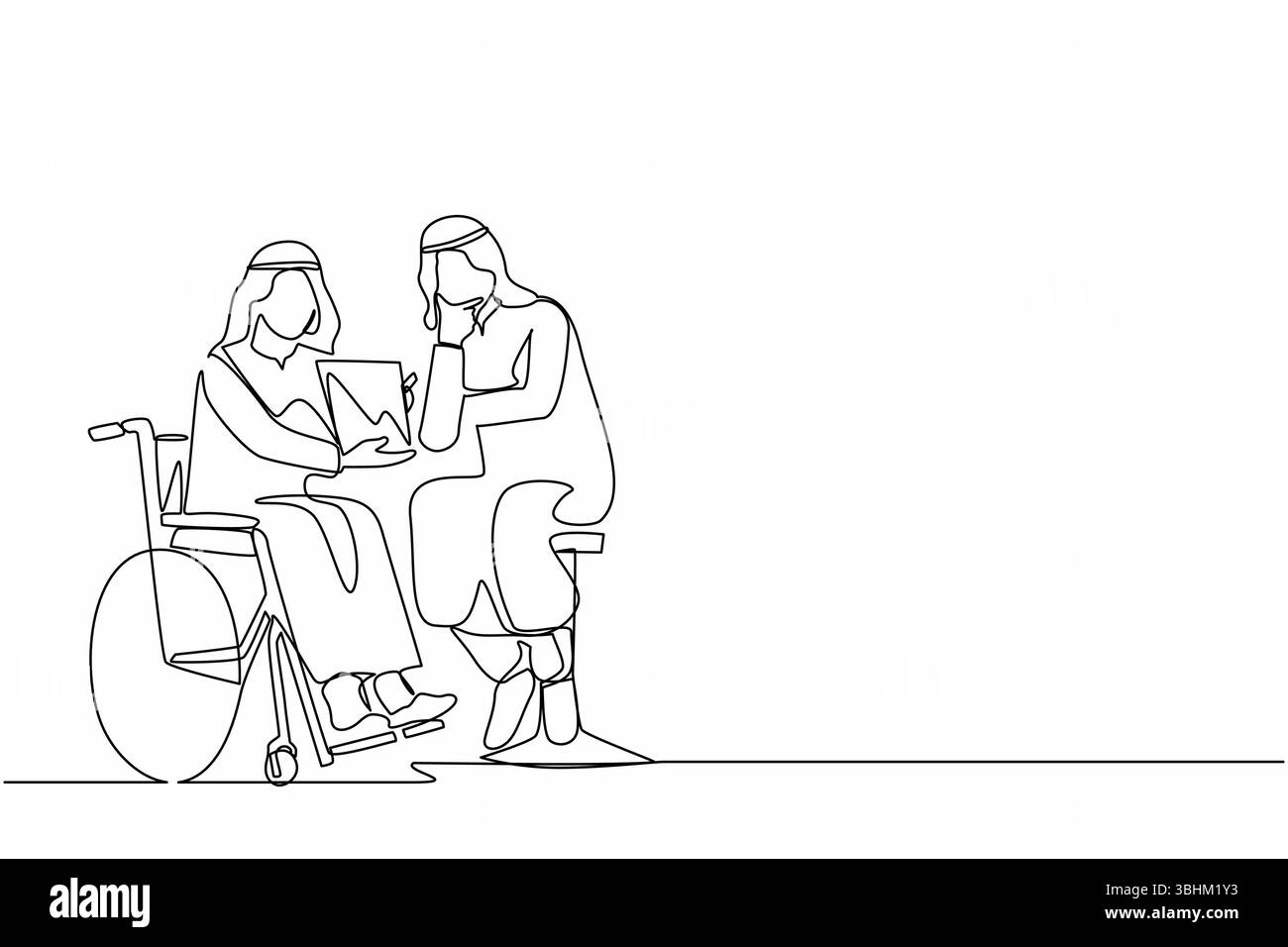 Single continuous line drawing disabled Arabic man patient in ...