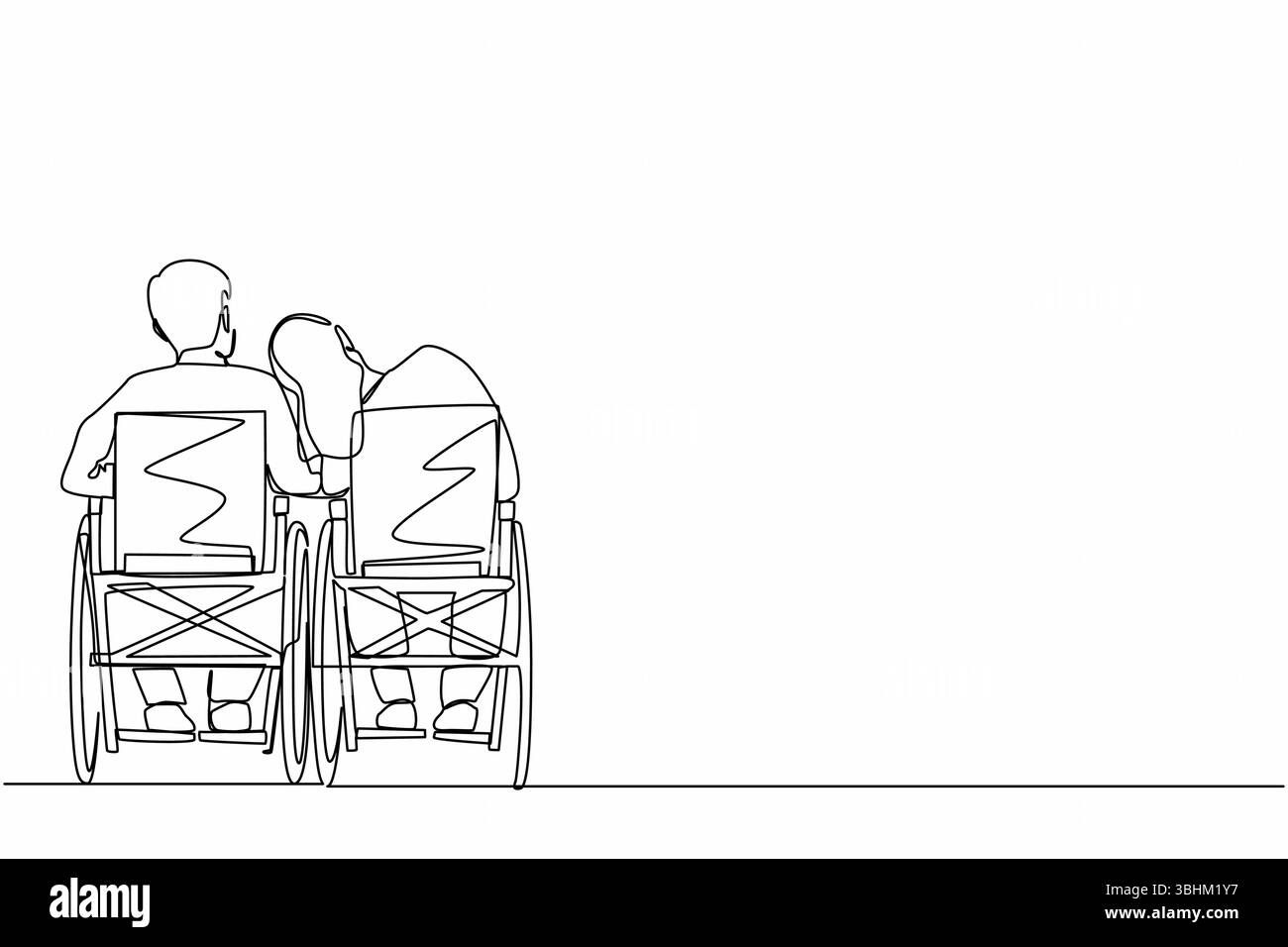 Single one line drawing back view couple with disabilities sit in ...